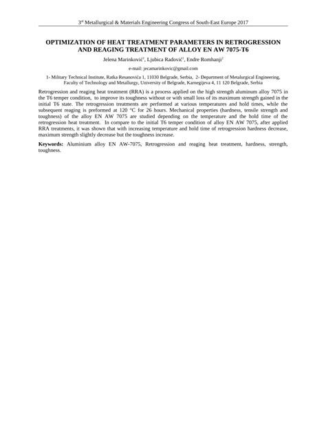 Pdf Optimization Of Heat Treatment Parameters In Retrogression And