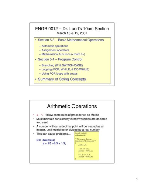 Basic Mathematical Operations Lecture Slides Engr 0012 Docsity