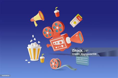 주위에 요소가 있는 3d 시네마 영화 컨셉 비디오 프로젝터 벡터 3차원 형태에 대한 스톡 벡터 아트 및 기타 이미지 3차원 형태 팝콘 영화 슬레이트 Istock