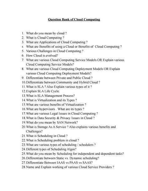 Question Bank Of Cloud Computing Is SLA Management Process Is Virtualization And Its