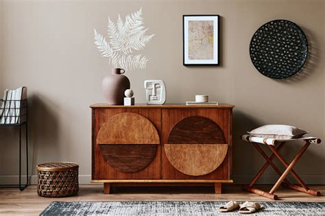 디자인 나무 Commode 모의 포스터 프레임과 우아한 개인 액세서리와 세련된 인테리어 고전적인 집에 있는 현대적인 거실 실내에