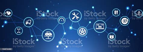 자동차 및 자동 수리 벡터 일러스트레이션 자동차 서비스 및 검사 자동차 점검 오일 체인지 자동차 유지 보수 차량 또는 자동차 수리점과 관련된 아이콘이 있는 컨셉 기계공에