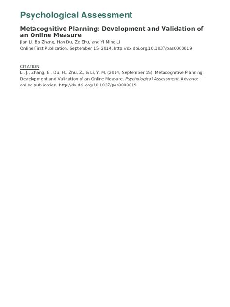 pdf psychological assessment metacognitive planning development and