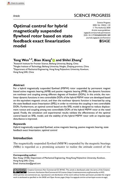 Pdf Optimal Control For Hybrid Magnetically Suspended Flywheel Rotor Based On State Feedback