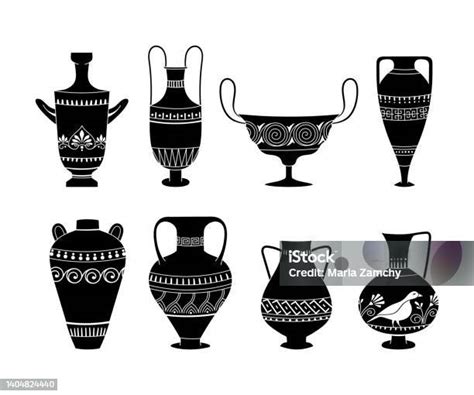 골동품 그리스 단단한 검은 화병 번들 와인이나 오일을위한 고대 그리스 선박 및 암포라 화려한 오래된 꽃병 실루엣 고립 된 클립 아트 세트 벡터 손으로 그린 이미지 키트 고대