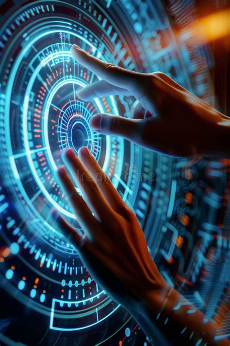 Human Hand Engaging With A Complex Holographic Interface With Glowing