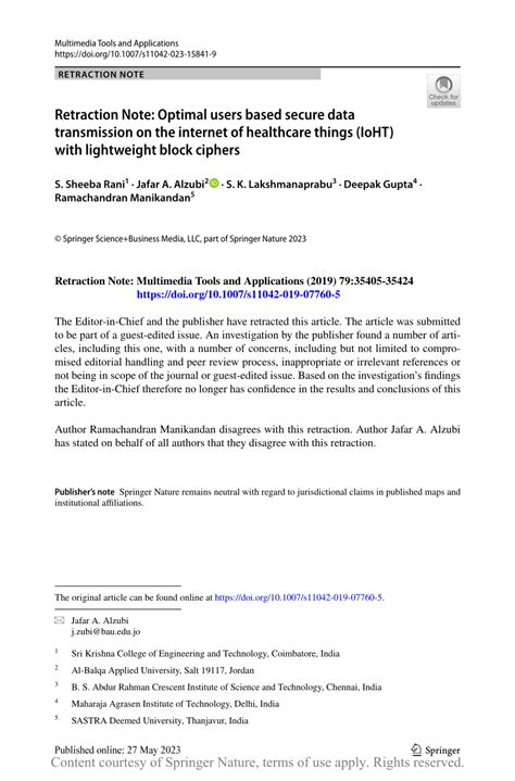 Retraction Note Optimal Users Based Secure Data Transmission On The