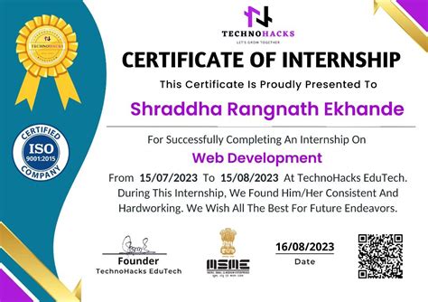 Shraddha Ekhande On Linkedin Technohack Webdevelopment Sandipgavit Intership