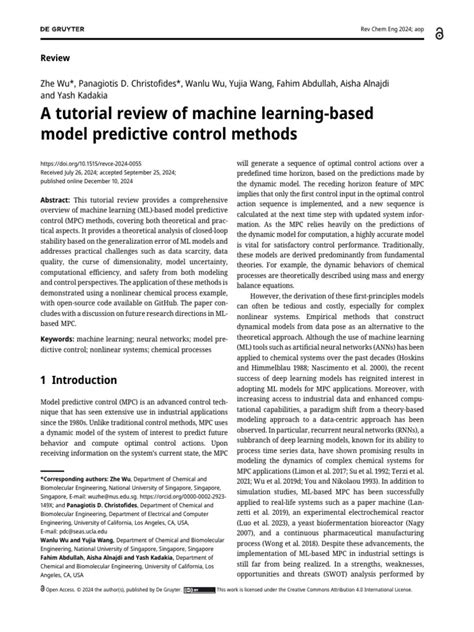 A Tutorial Review Of Machine Learningbased Mpc Methods Pdf