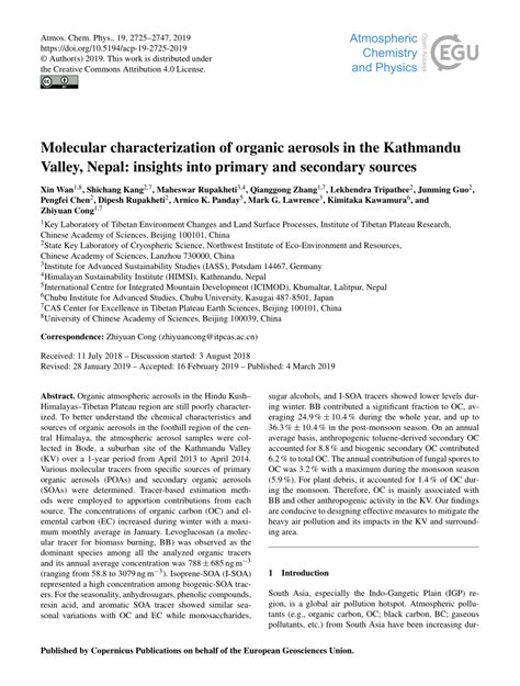 Pdf Molecular Characterization Of Organic Aerosols In The Kathmandu Valley Nepal Insights