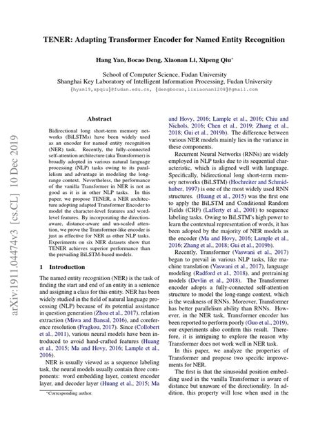 Tener Ner Adaptive Transformer 1911 04474 Pdf Algorithms Machine Learning