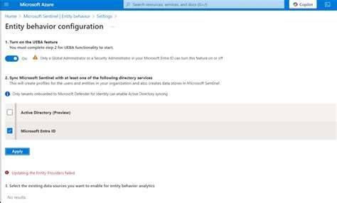 azure updating the entity providers failed microsoft sentinal stack overflow