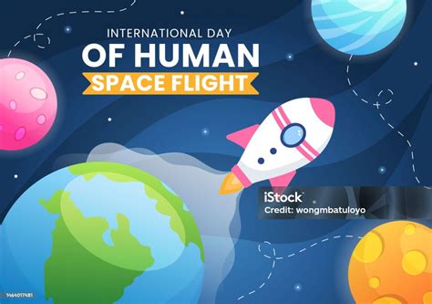 4월 12일 국제 인간 우주 비행의 날 로켓과 어린이 우주 비행사가 랜딩 페이지 템플릿을 위해 그린 평평한 만화에 있는 그림 4