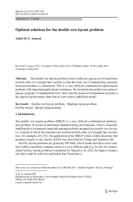Pdf Optimal Solutions For The Double Row Layout Problem