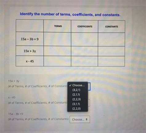 how to identify terms coefficients and constants free worksheets