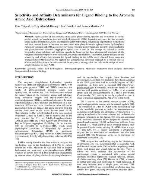 Pdf Selectivity And Affinity Determinants For Ligand Binding To The Aromatic Amino Acid