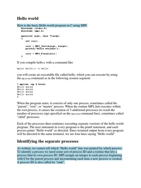 Hello World Mpi C Program Explained Pdf C Programming Language Computer Science