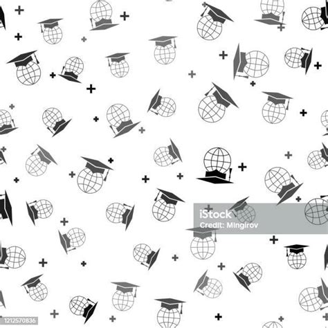 흰색 배경에 글로브 아이콘 격리 원활한 패턴에 검은 졸업 모자 세계 교육 상징 온라인 학습 또는 E러닝 개념 벡터 일러스트레이션 가능성에 대한 스톡 벡터 아트 및 기타