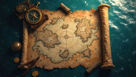 Illustration Of Old Treasure Map With Compass Other Tools Vintage