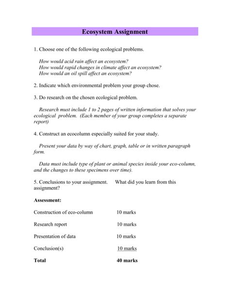 Ecosystem Assignment Ecological Problems And Eco Columns