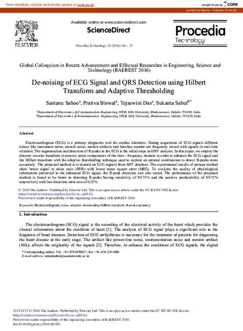 Pdf De Noising Of Ecg Signal And Qrs Detection Using Hilbert