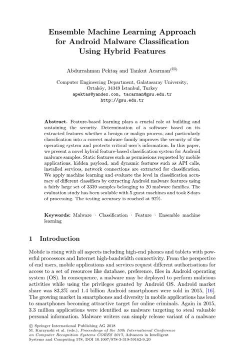 Pdf Ensemble Machine Learning Approach For Android Malware Classification Using Hybrid Features