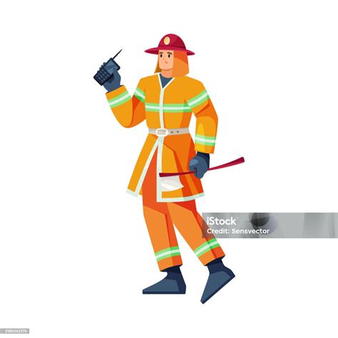 일하는 소방관 고립된 용감한 소방관 손에 도끼를 들고 무전기로 사람들과 연결합니다 벡터 평면 만화 캐릭터 생명을 구하고 비상 사태와 긴급 상황에 대처 가공의 인물에 대한