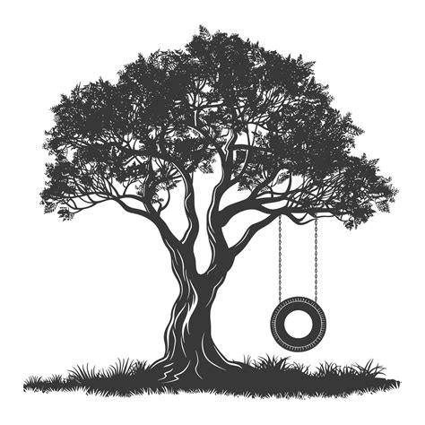 AI Generated Silhouette Tree With A Tyre Swing Black Color Only