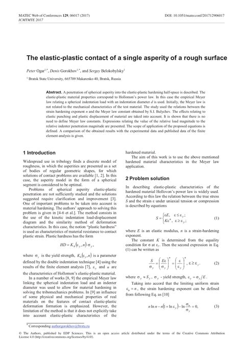 Pdf The Elastic Plastic Contact Of A Single Asperity Of A Rough Surface