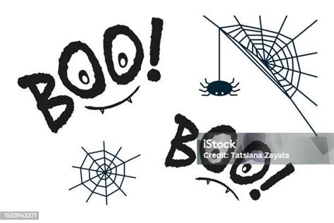부 텍스트와 거미줄 할로윈 인사말 카드 흰색 배경에 검정 편집 가능한 글자 낙서 디자인 10월에 대한 스톡 벡터 아트 및 기타