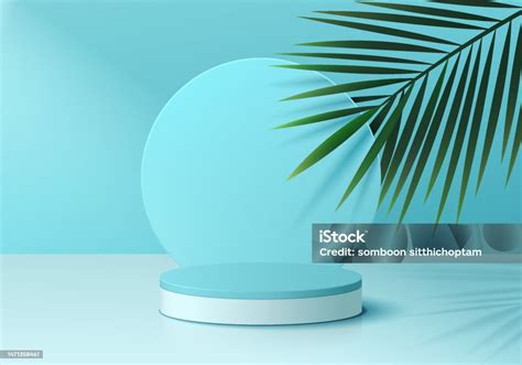 3d 현실적인 파란색 녹색 제품 연단 배경에는 코코넛 잎과 원형 배경이 있습니다 최소 벽 장면 모형 제품 무대 쇼케이스 배너 프로모션 디스플레이 추상 벡터 기하학적 형태