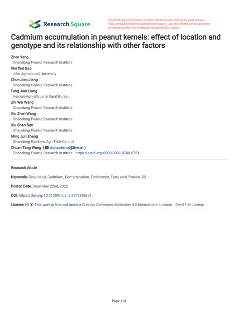 Pdf Cadmium Accumulation In Peanut Kernels Effect Of Location And Genotype And Its