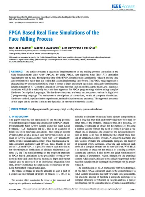 Pdf Fpga Based Real Time Simulations Of The Face Milling Process