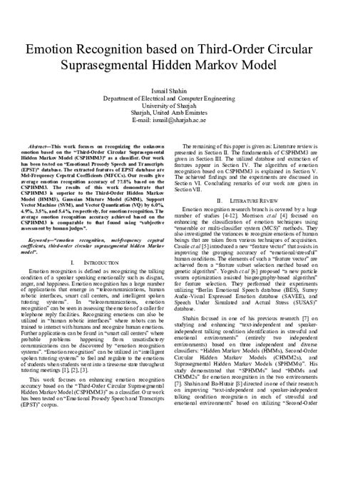 Pdf Emotion Recognition Based On Third Order Circular Suprasegmental Hidden Markov Model