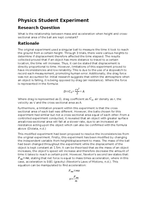 Year 11 Physics Student Experiment Fia3 Physics Student Experiment Research Question What Is