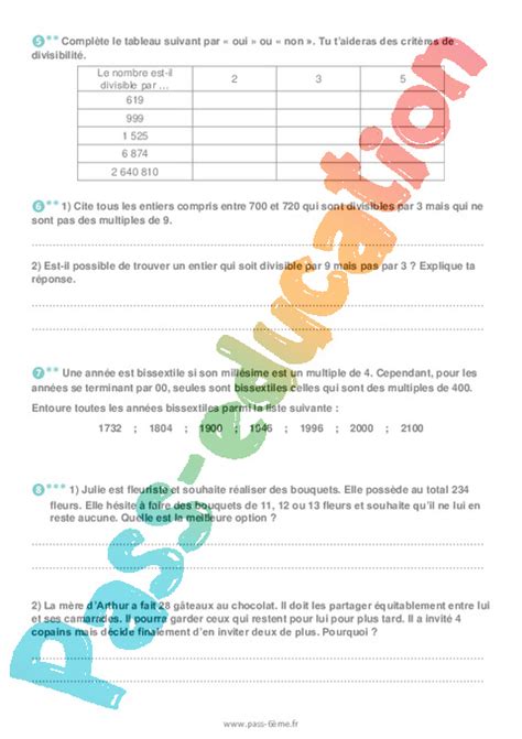 Multiples Diviseurs Et Critères De Divisibilité Exercices De 6eme Primaire Pdf à Imprimer