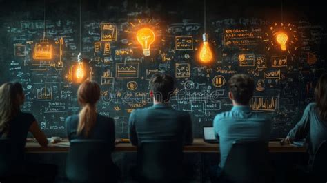 Brainstorming Session With Group Analyzing Ideas On Whiteboard Stock