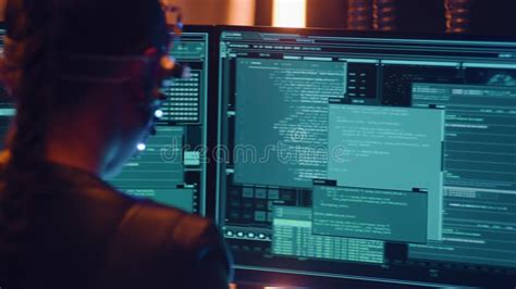 Cyberpunk Girl Works With Multiple Computer Screens Doing Programming