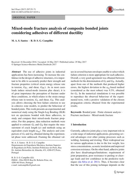 Pdf Mixed Mode Fracture Analysis Of Composite Bonded Joints Considering Adhesives Of Different