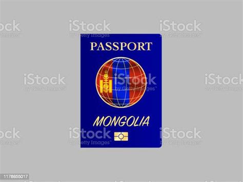 생체 인식 디지털 데이터 칩 사실적인 파란색 커버 아이콘 로고 광고 웹에 대한 황금 글자 벡터 일러스트와 국제 여권 몽골 국기 국가 지리적 지역에 대한 스톡 벡터 아트 및