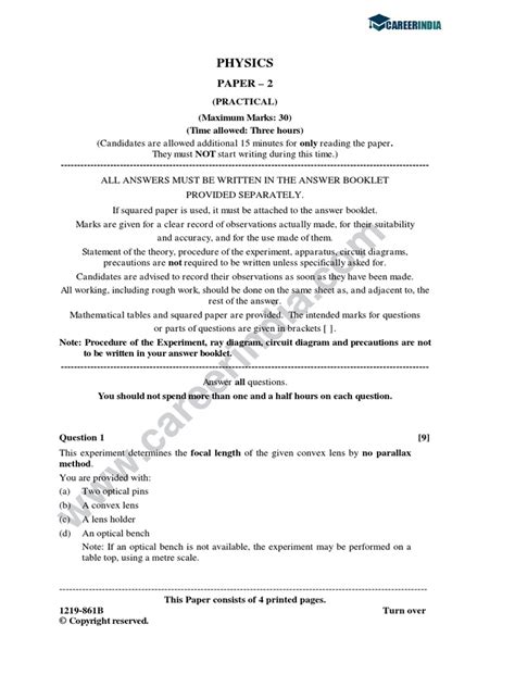 Isc Class 12 Physics Paper 2 Practical Question Paper 2019 Pdf