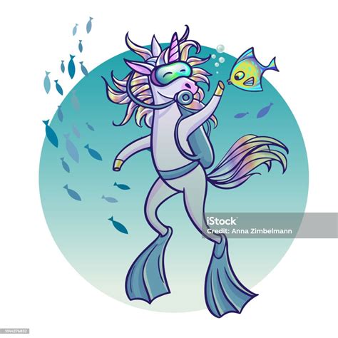 다이빙 슈트와 지 느 러 미 스쿠버와 수 중 수영의 귀여운 유니콘 깊은에 대한 스톡 벡터 아트 및 기타 이미지 깊은 등장인물 디자인 Istock