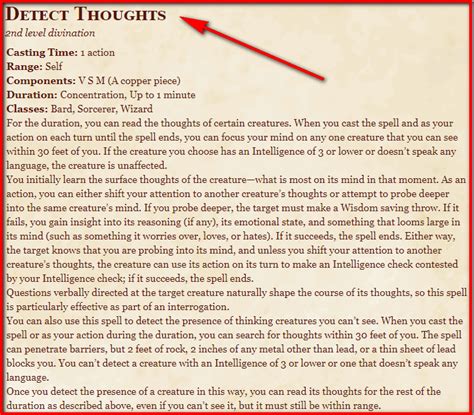 detect thoughts 5e spell in dnd dandd 5e character sheets