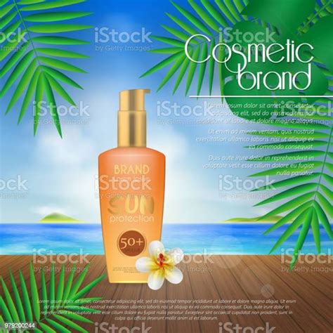 이국적인 야자수와 해변 배경에 여름 선크림 화장품 디자인 서식 파일 나뭇잎 3d 현실 태양 보호와 제품 광고입니다 3차원 형태에 대한 스톡 벡터 아트 및 기타 이미지