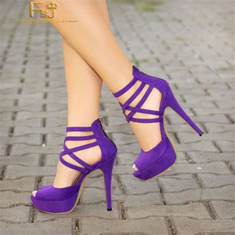 Fsj Purple Peep Toe Heels Suede Platform Strappy Sandals Shoes Woman