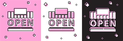 분홍색과 흰색 검은 색 배경에 격리 쇼핑 건물 이나 시장 상점 및 텍스트 열기 아이콘을 설정 합니다 쇼핑 건설 벡터 일러스트레이션 개념에 대한 스톡 벡터 아트 및 기타