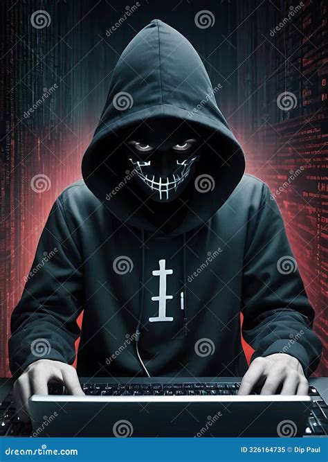 Hacker Wearing The Anonymous Mask And Hoodie On Dark Binary Code Background Stock Illustration