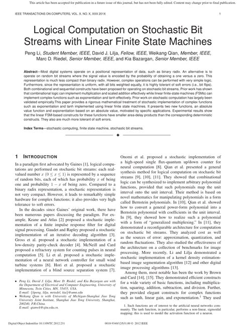 Pdf Logical Computation On Stochastic Bit Streams With Linear Finite State Machines