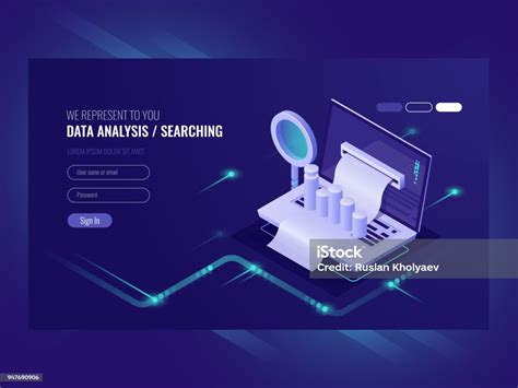 데이터 분석 정보 Serchning 데이터 센터 쿼리 검색 엔진 최적화 개념 사이트 위치 결과 노트북 종이 빌 돋보기 아이소메트릭 벡터 자외선을 등측투영법에 대한 스톡 벡터