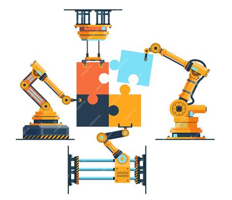 Premium Vector Four Robotic Arms Assemble Colorful Puzzle Robots